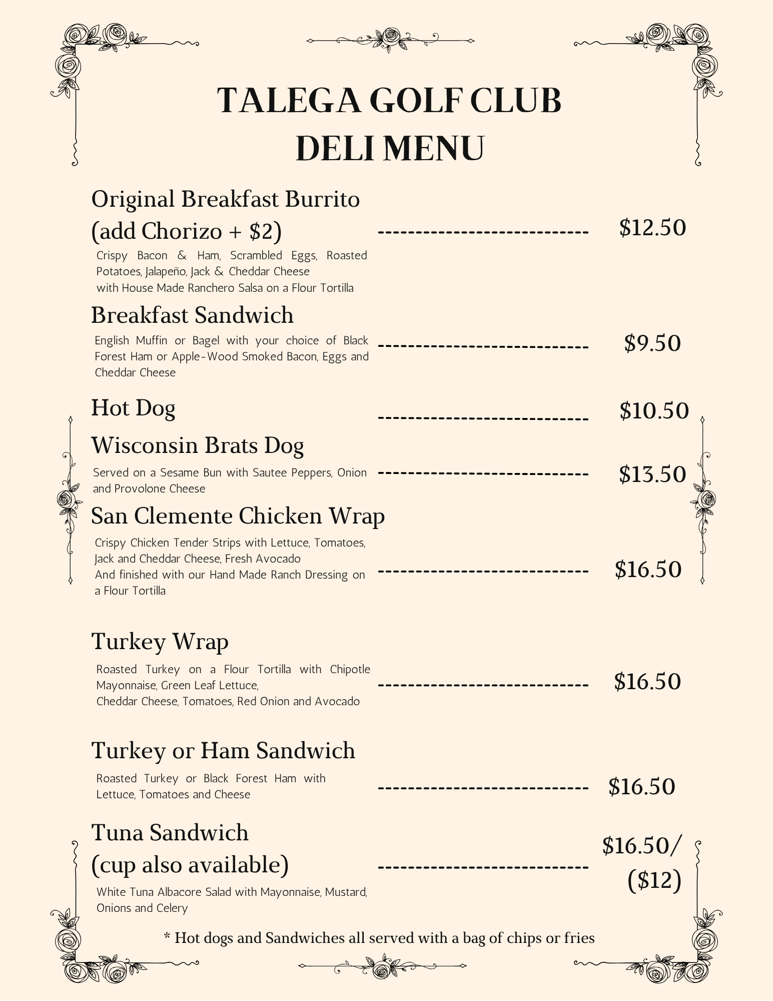 Talega Deli Menu - Talega Golf Club